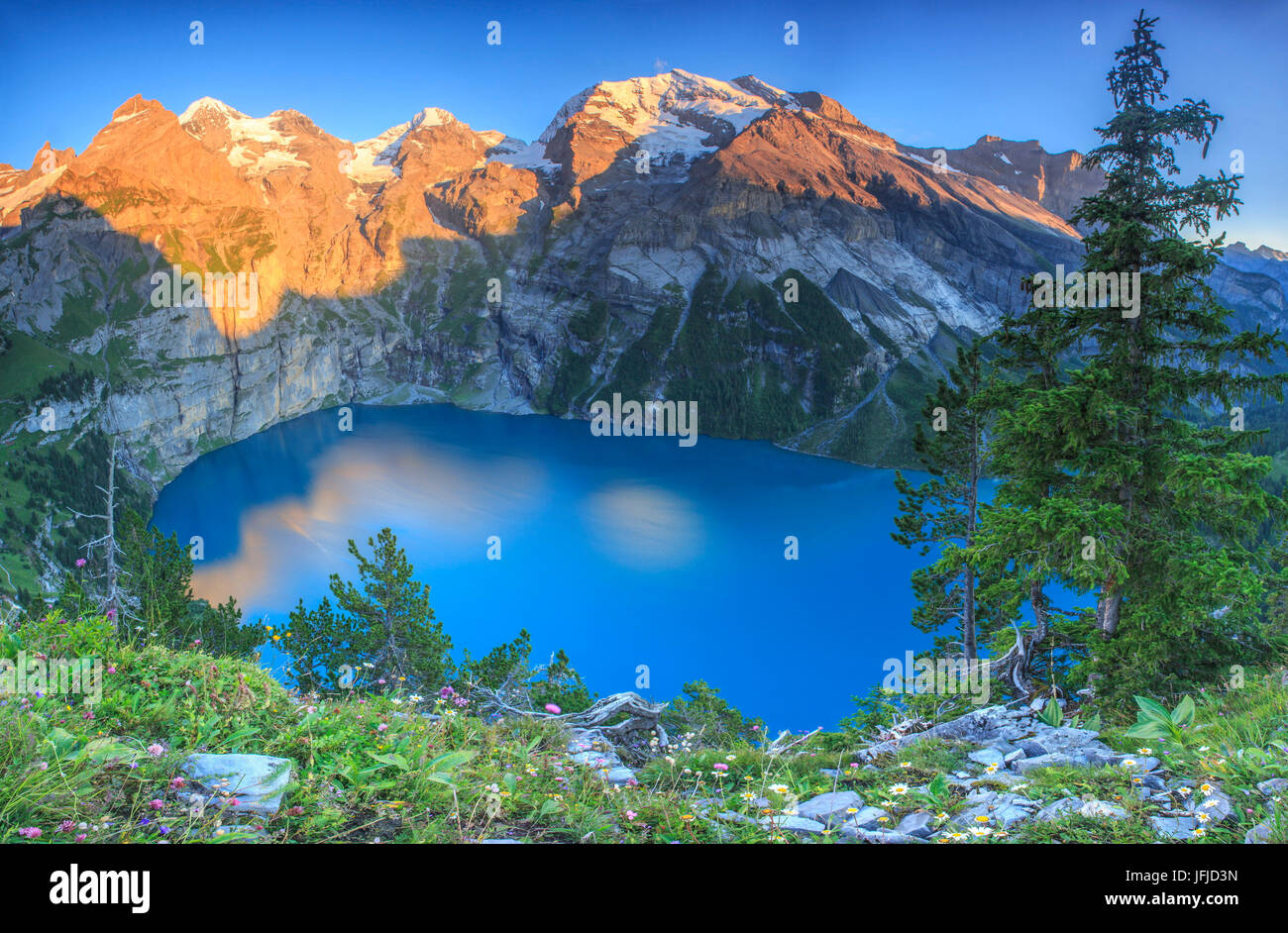 Sunset on Lake Oeschinensee Bernese Oberland Kandersteg Canton of Bern ...
