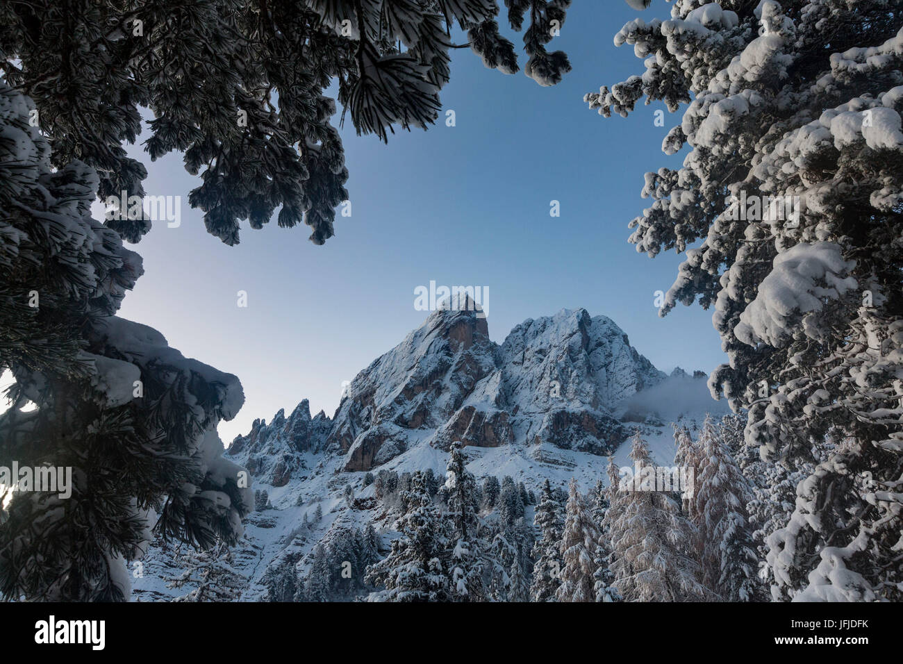 Odle Dolomites covered in snow, Passo delle Erbe, Bolzano, Trentino ...