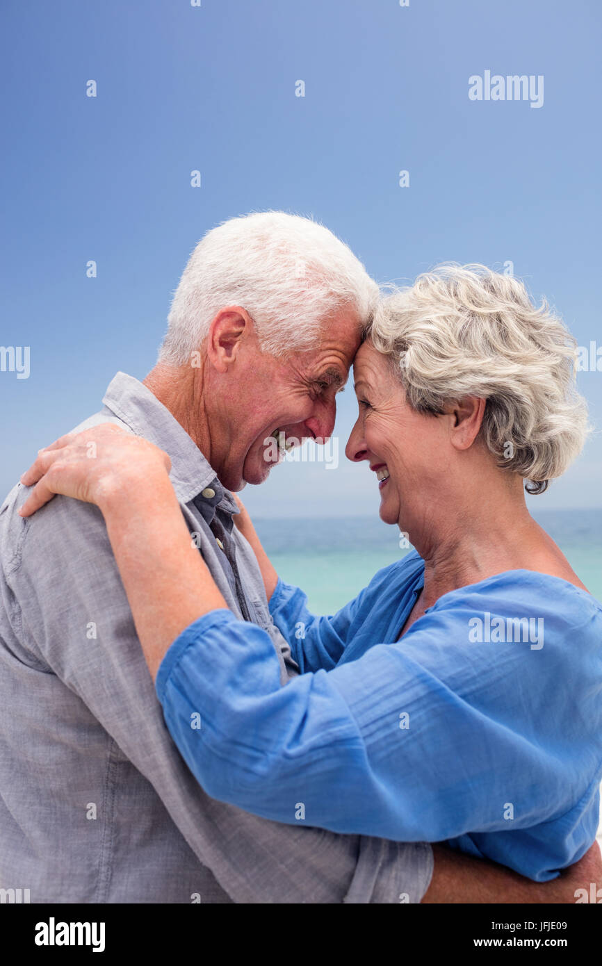 Senior couple embracing face to face on the beach Stock Photo - Alamy