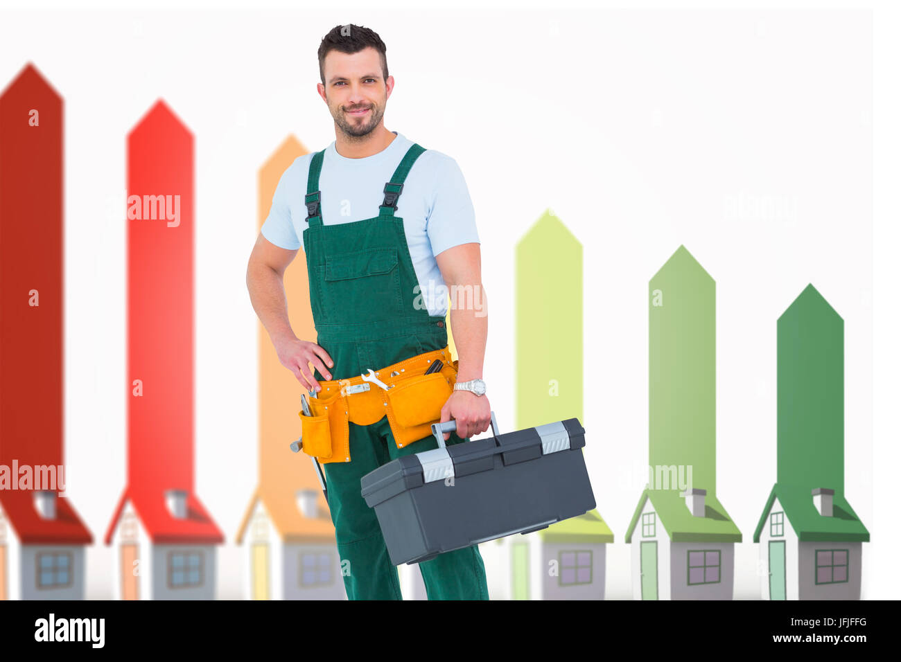 Composite image of smiling carpenter with toolbox Stock Photo - Alamy