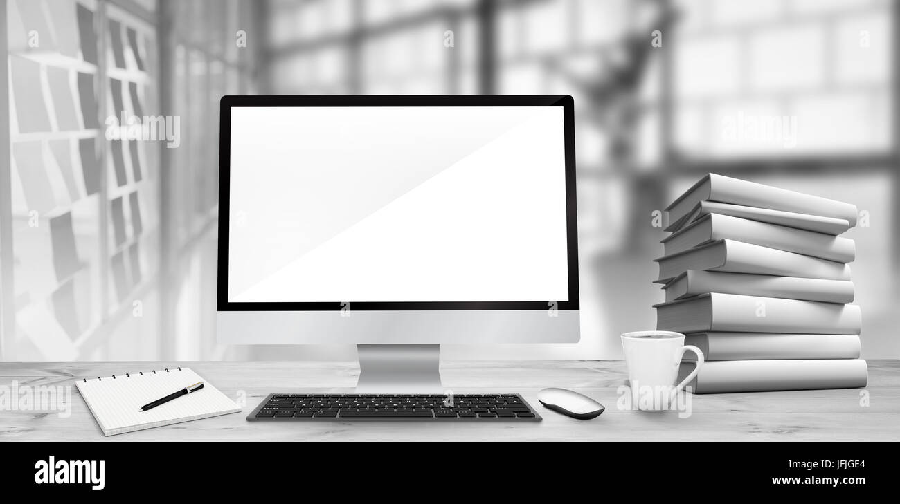 Composite image of image of a desk with computer Stock Photo - Alamy