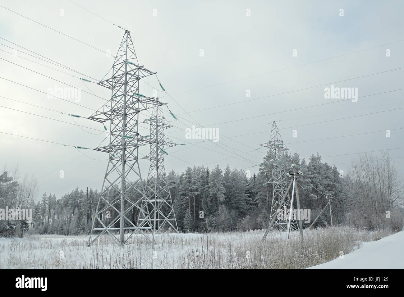 Power line in the winter snowy forest, sombre sky Stock Photo - Alamy