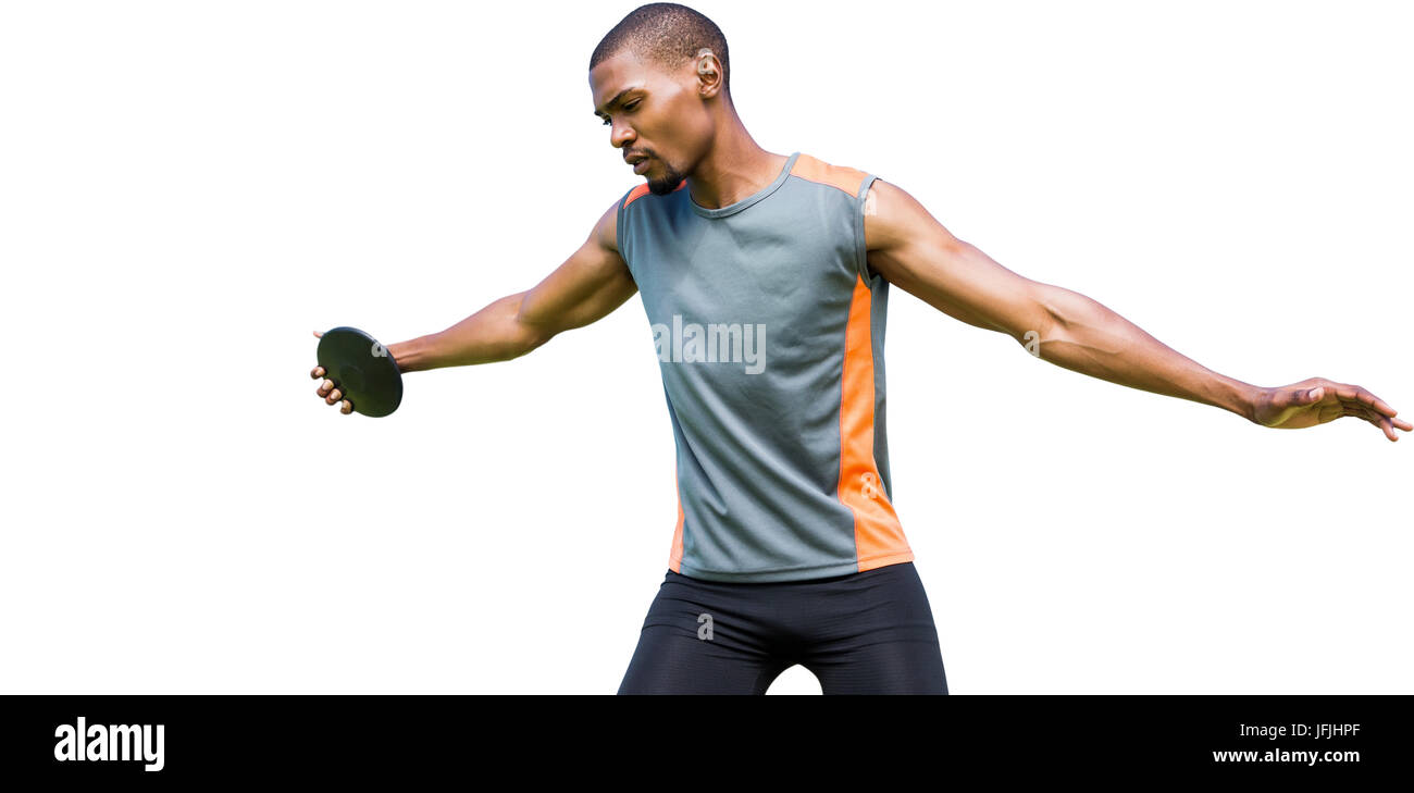 Front view of sportsman practising discus throw Stock Photo - Alamy