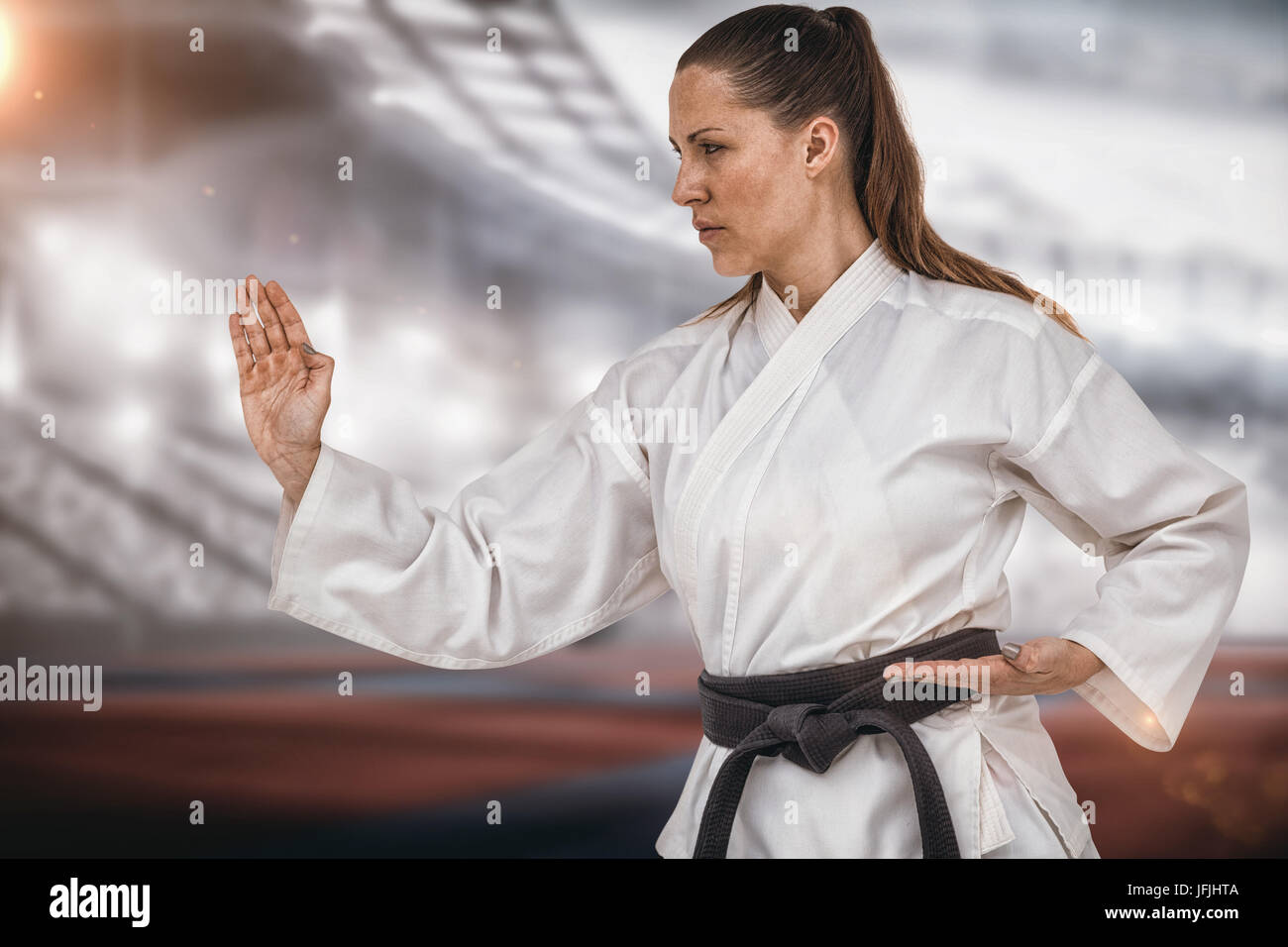 Composite image of female fighter performing karate stance Stock Photo ...