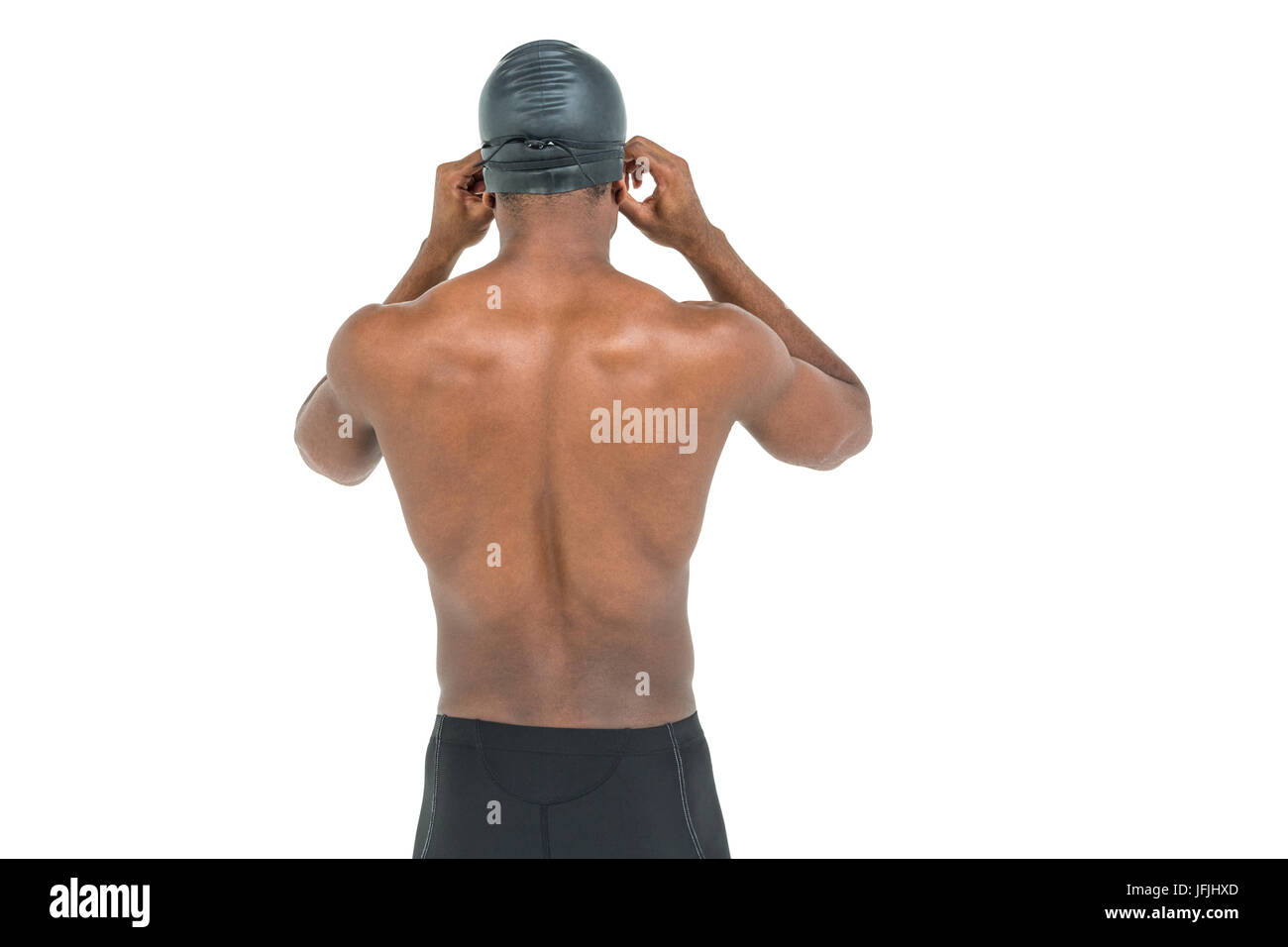 Rear view of swimmer in shirtless wearing swimmingÂ goggles Stock Photo ...