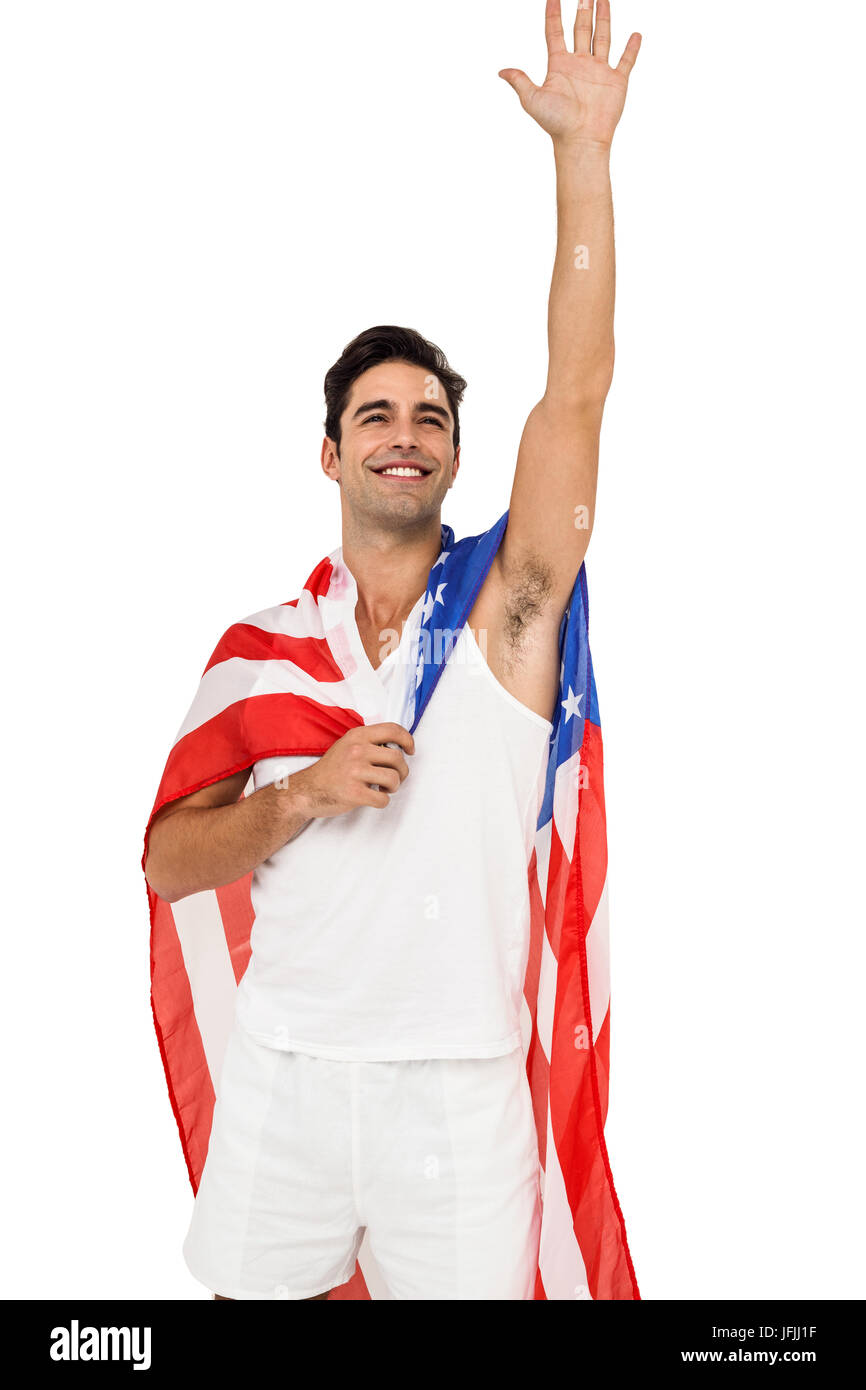 Athlete with american flag wrapped around his body Stock Photo - Alamy
