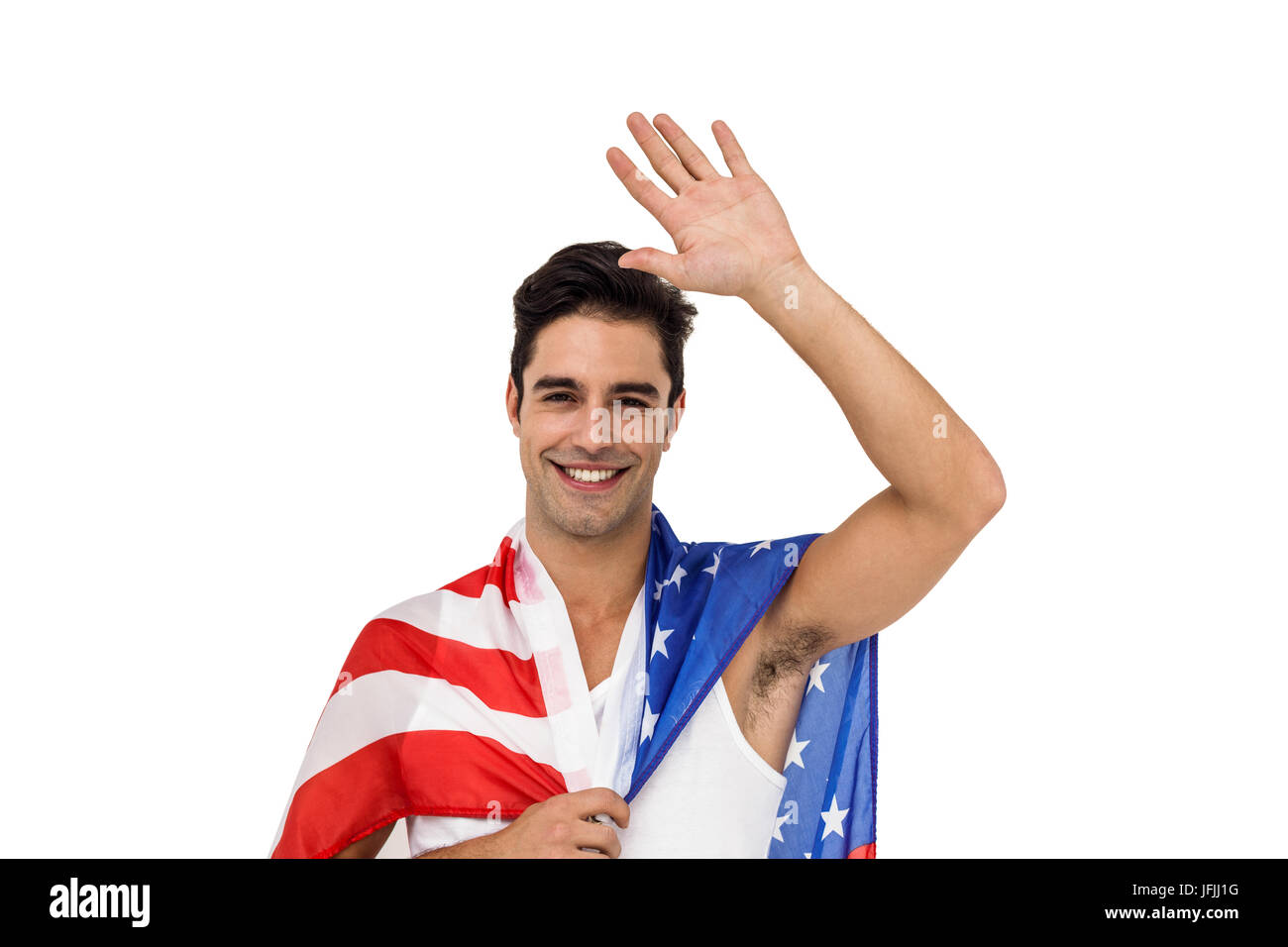 Athlete with american flag wrapped around his body Stock Photo - Alamy