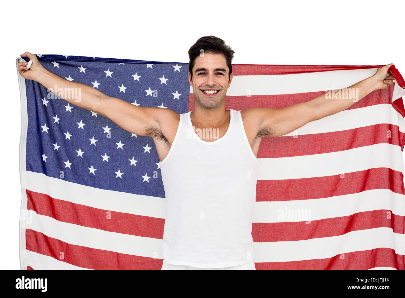 Athlete posing with american flag after victory Stock Photo - Alamy