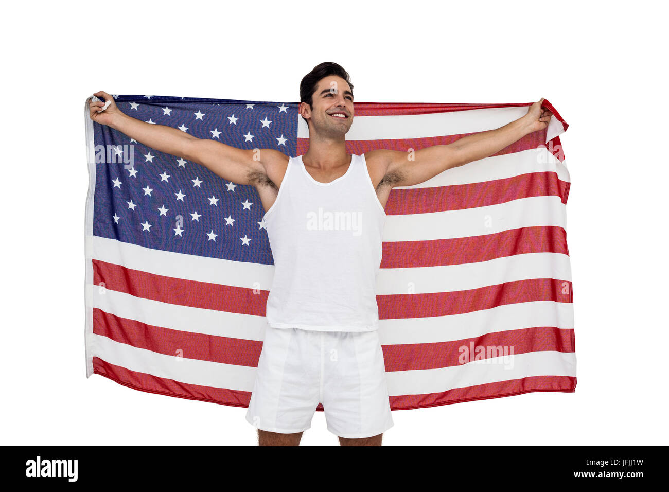 Athlete posing with american flag after victory Stock Photo - Alamy
