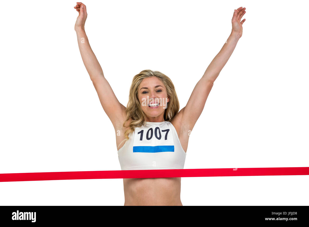 Portrait of cheerful winner athlete crossing finish line Stock Photo ...