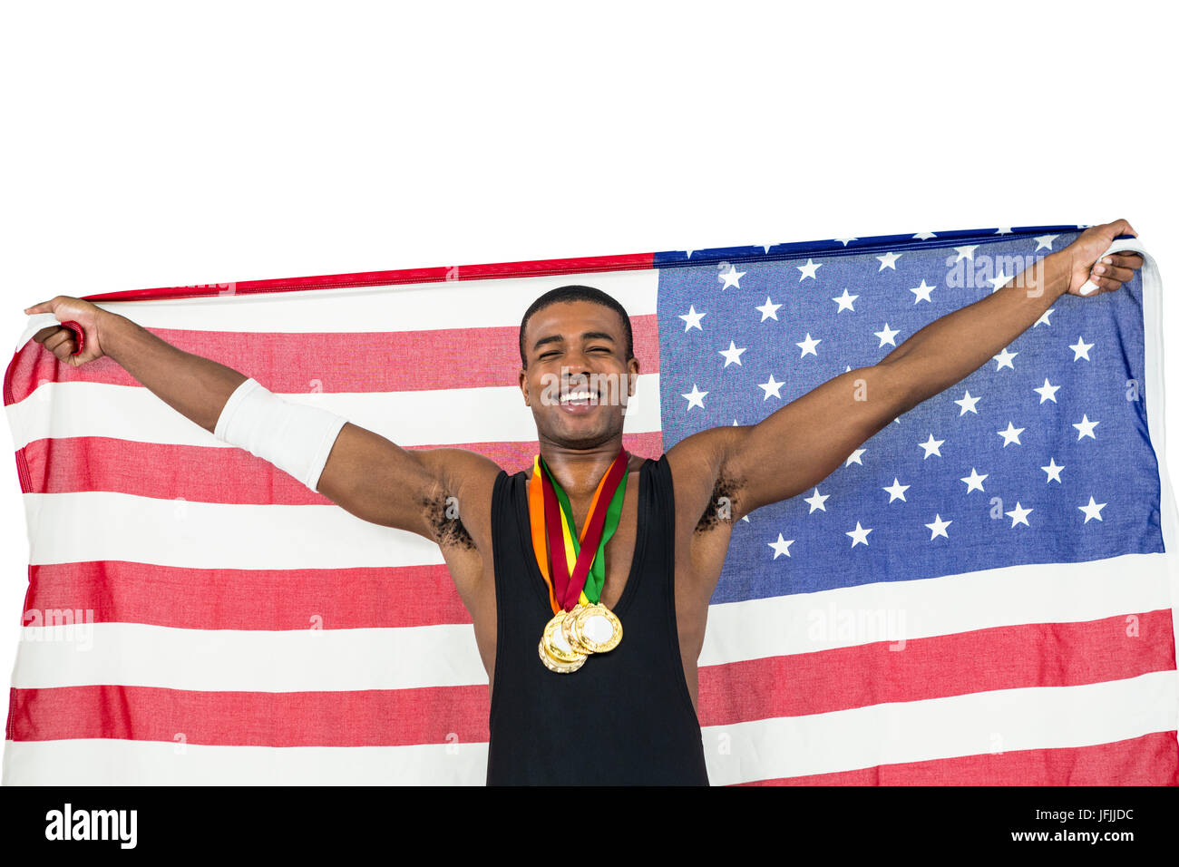 Athlete posing with gold medals after victory Stock Photo - Alamy