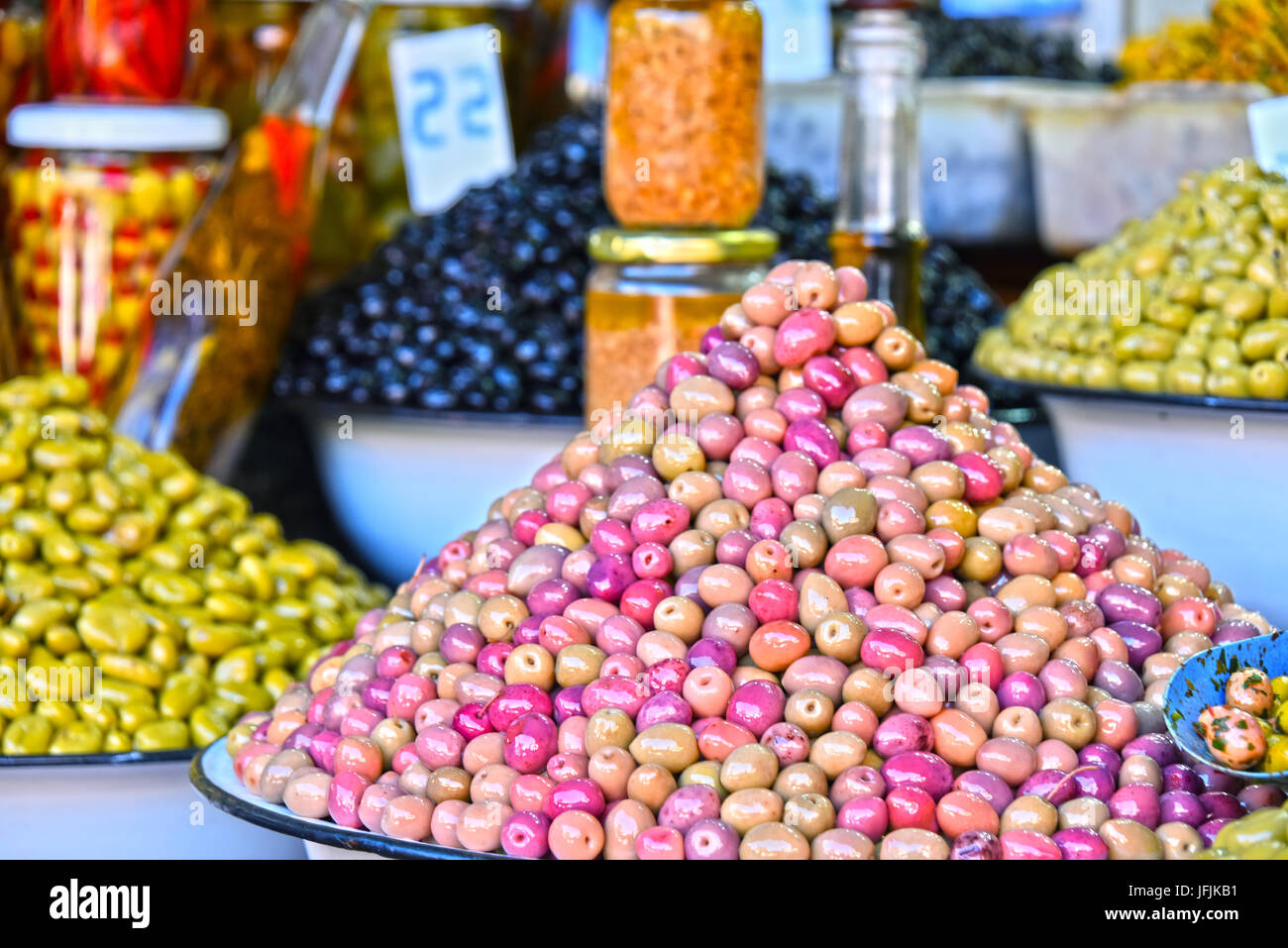Assorted olives on the arab street market stall Stock Photo - Alamy