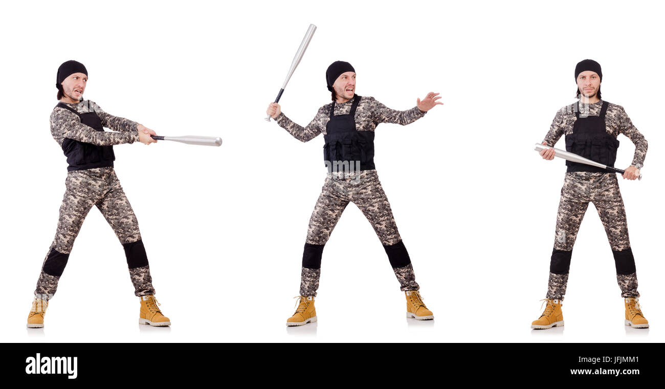 Soldier with bat isolated on the white background Stock Photo - Alamy