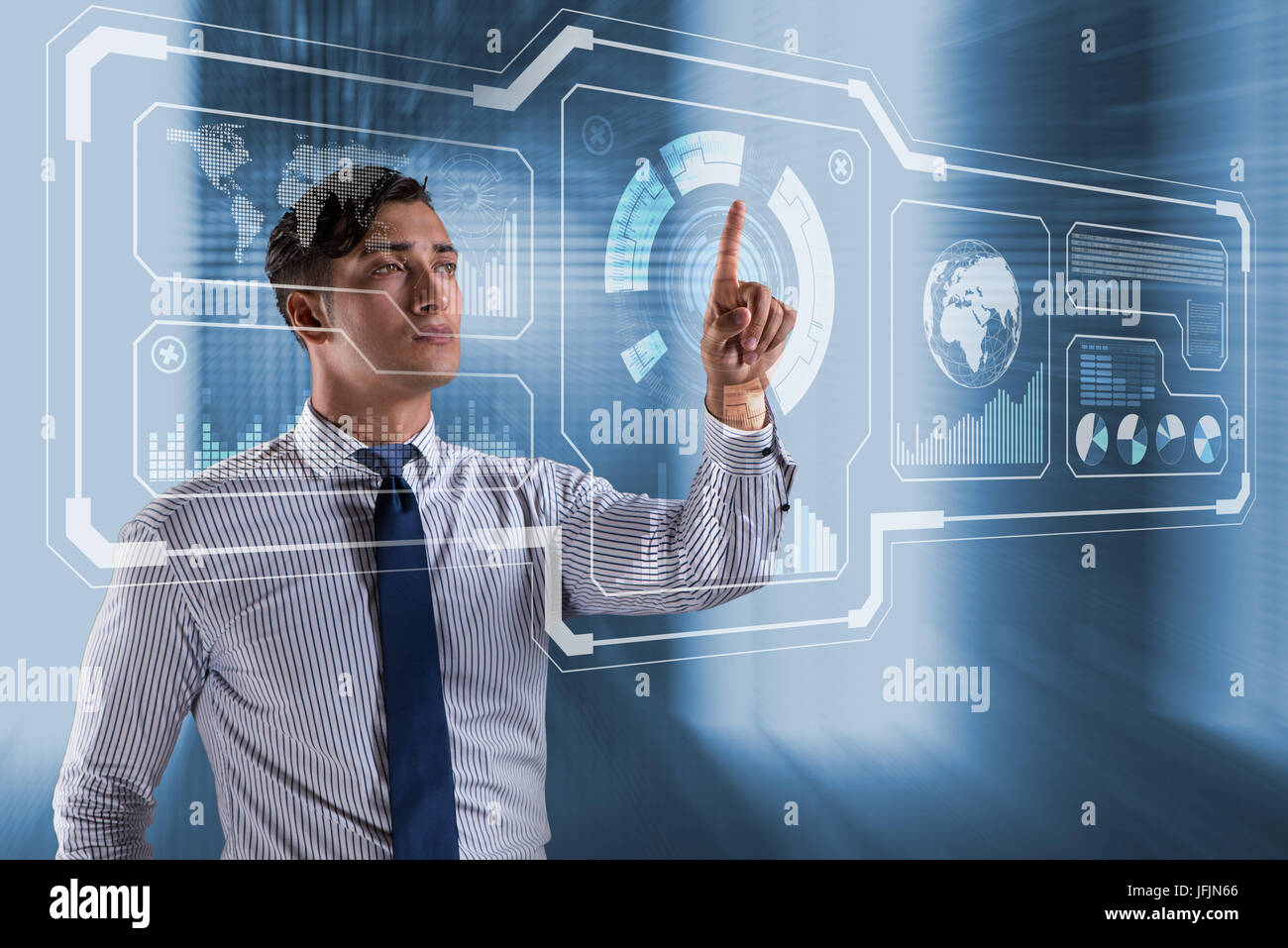 Businessman pressing virtual buttons in futuristic concept Stock Photo ...