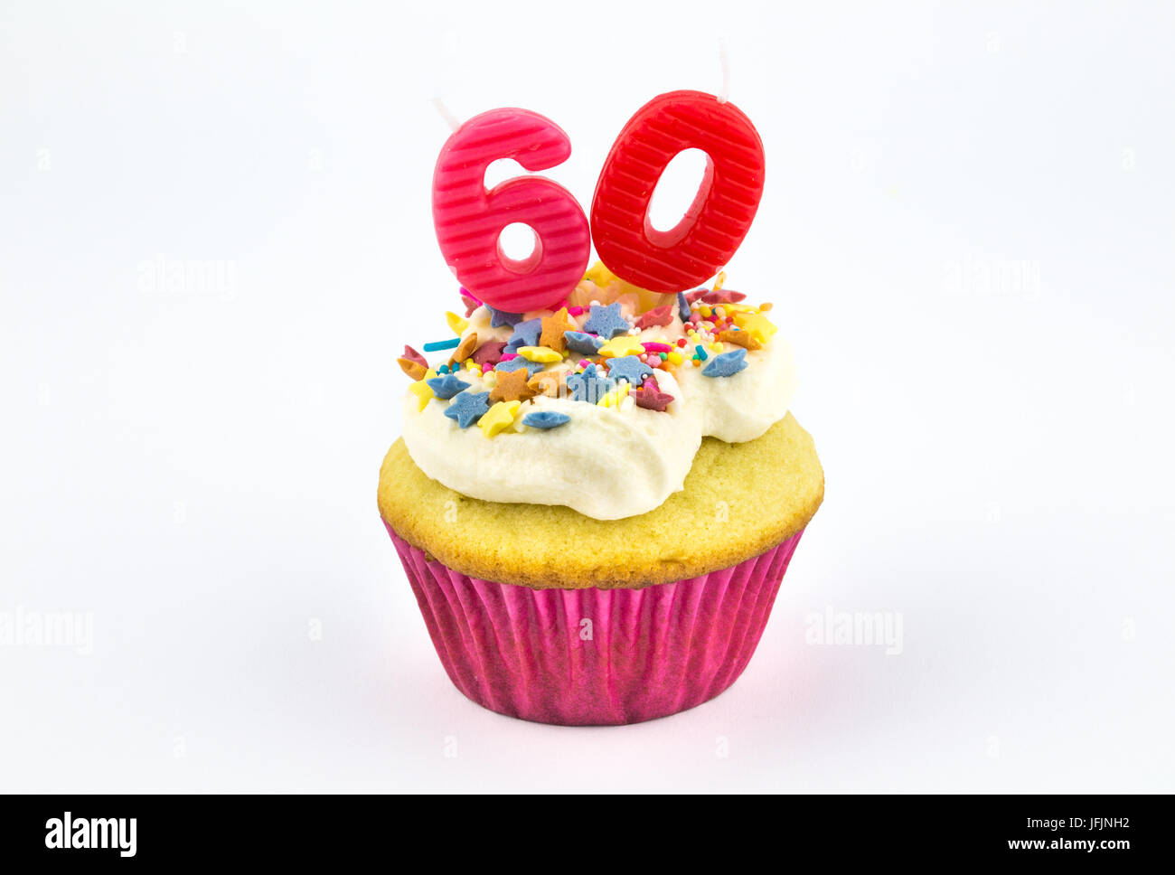 Cupcake with number sixty - 60 - pink candles with white vanilla ...