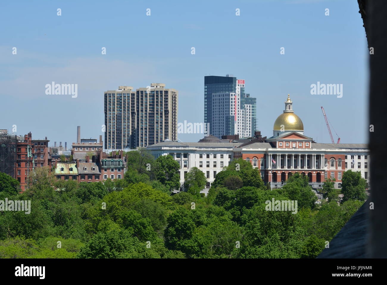 The Massachusetts State House as seen from above across the Boston ...