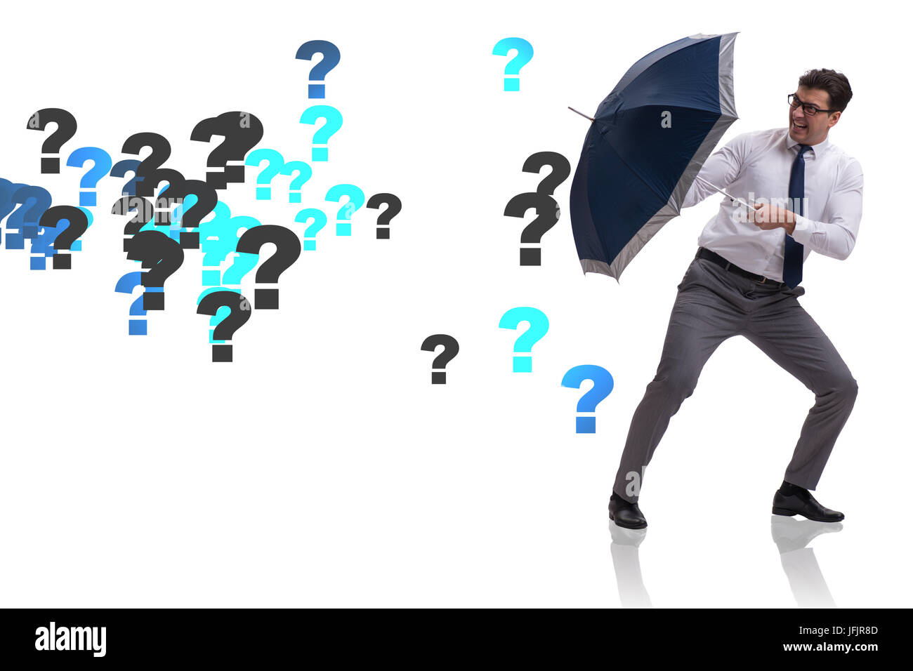 Businessman umbrella question marks Cut Out Stock Images & Pictures - Alamy