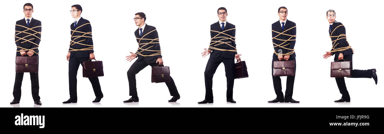 Businessman roped isolated on white background Stock Photo - Alamy