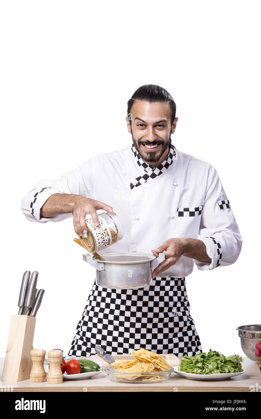 Funny male cook isolated on the white background Stock Photo - Alamy