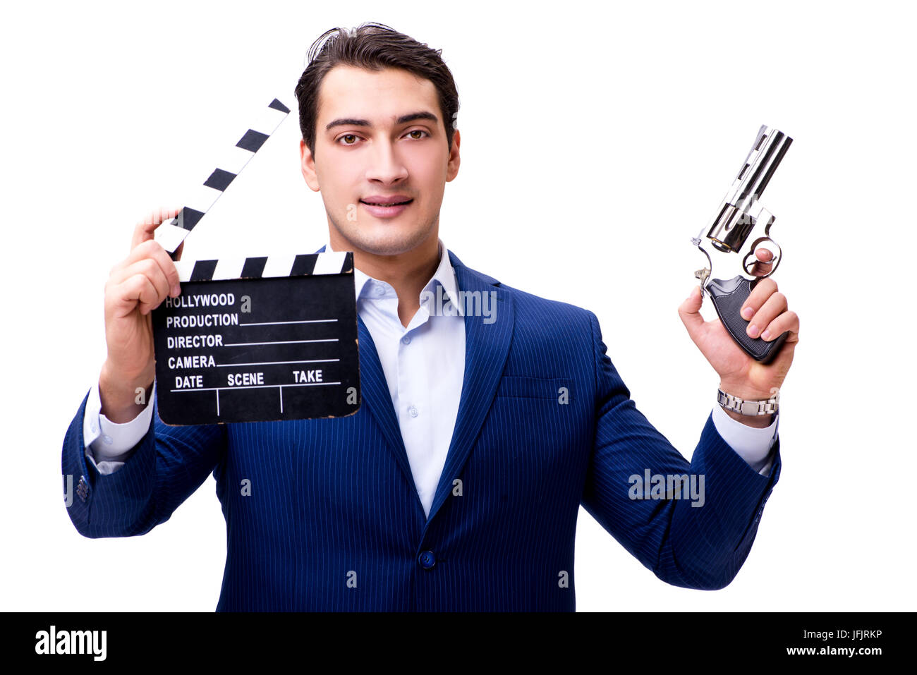 Handsome man with movie clapper isolated on white Stock Photo - Alamy