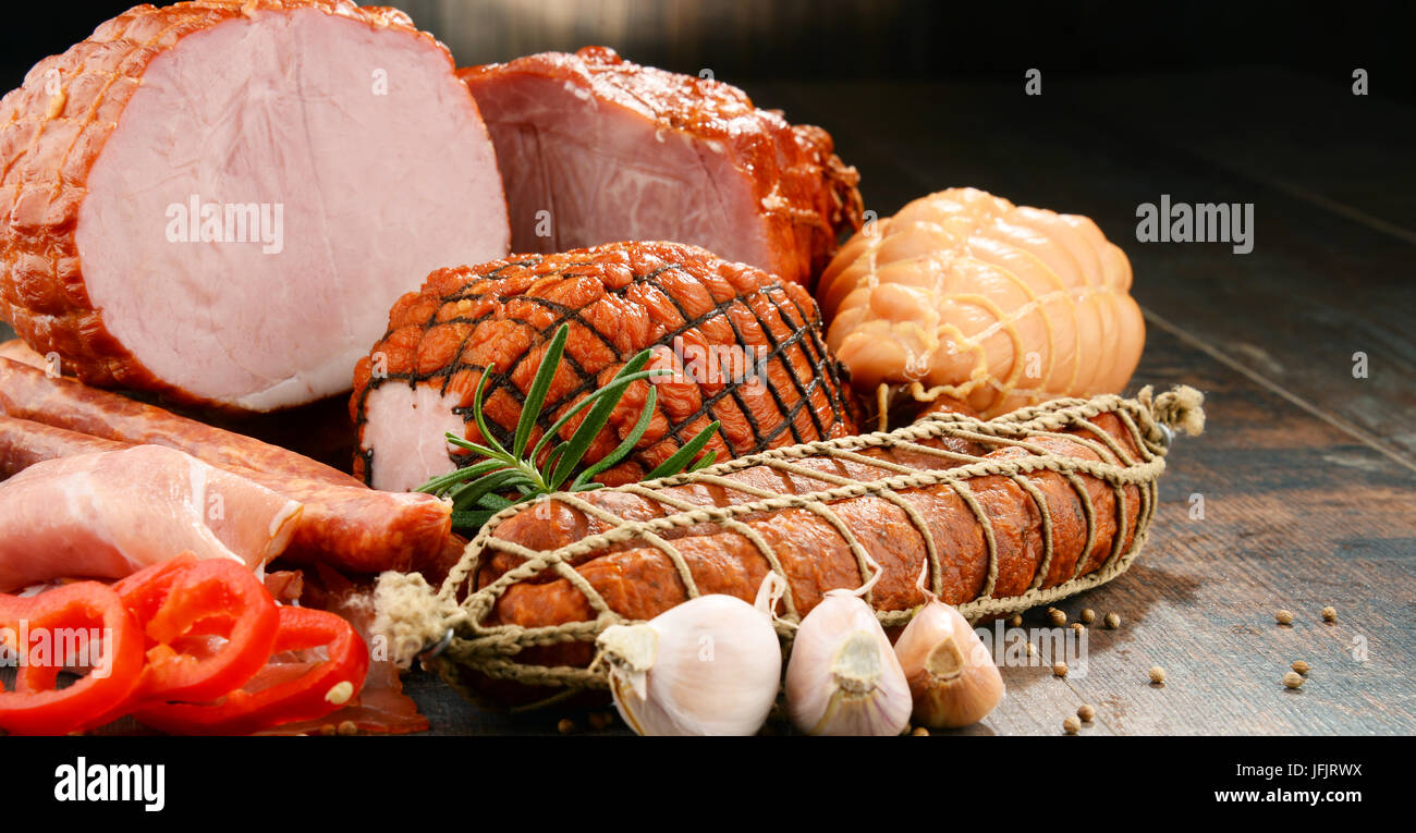 Assorted meat products including ham and sausages Stock Photo - Alamy