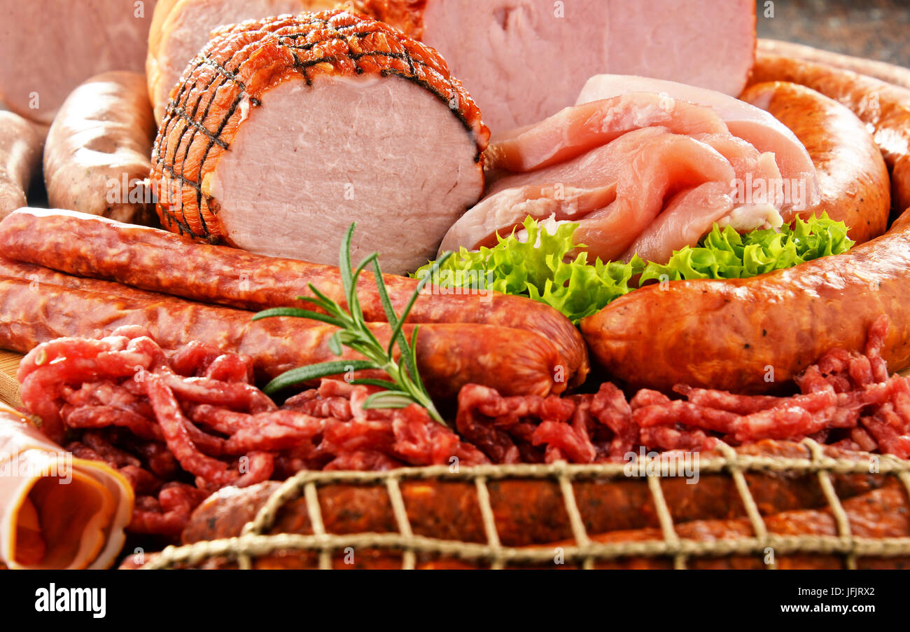 Assorted meat products including ham and sausages Stock Photo - Alamy