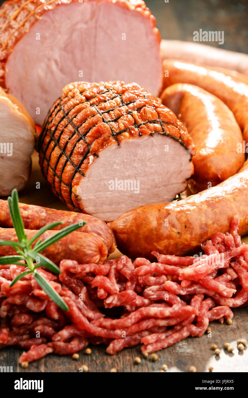 Assorted meat products including ham and sausages Stock Photo - Alamy