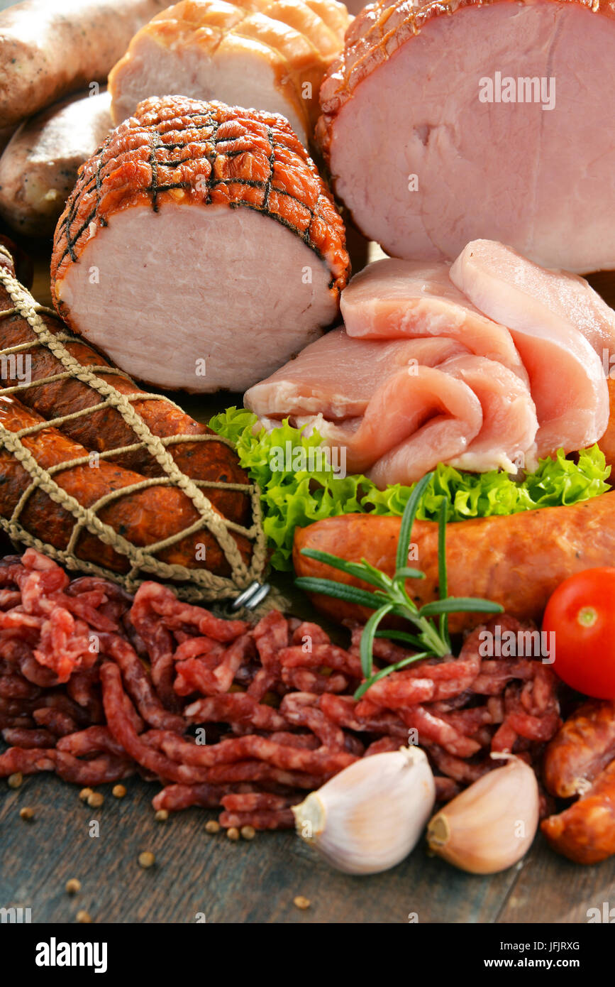 Assorted meat products including ham and sausages Stock Photo - Alamy