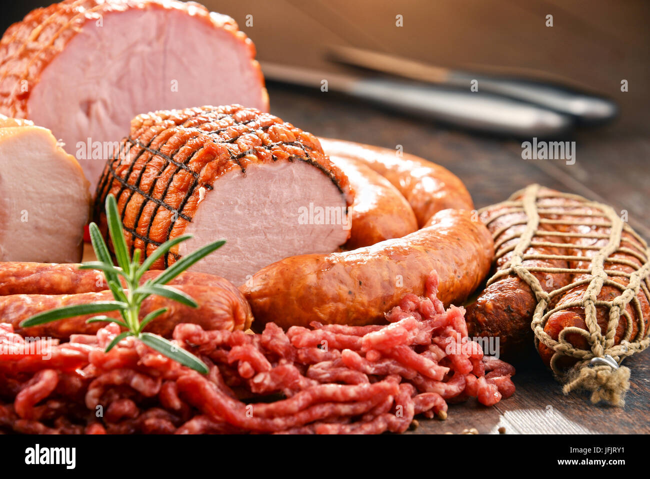 Assorted meat products including ham and sausages Stock Photo - Alamy