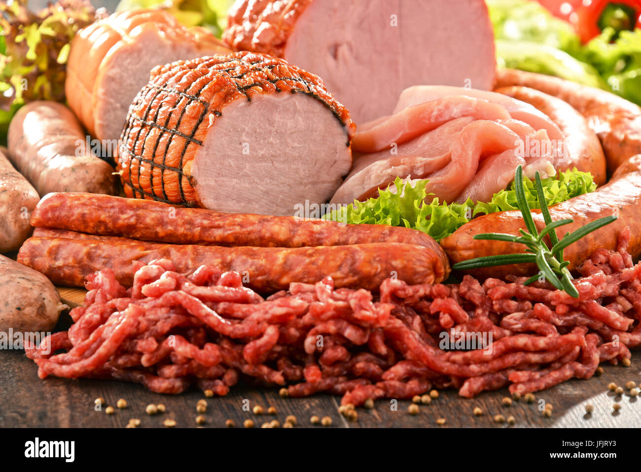 Assorted meat products including ham and sausages Stock Photo - Alamy
