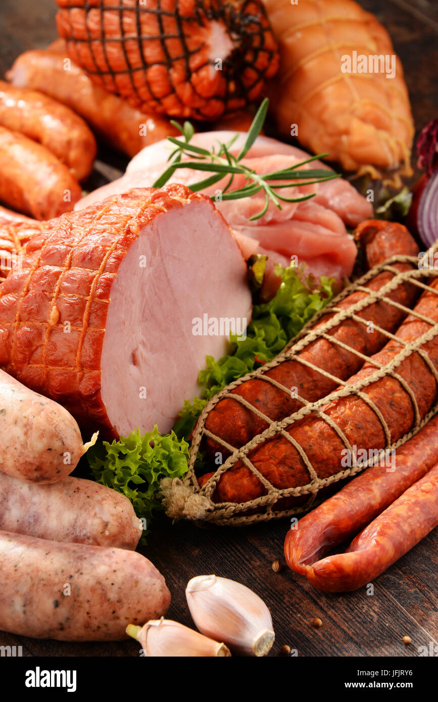 Assorted meat products including ham and sausages Stock Photo - Alamy