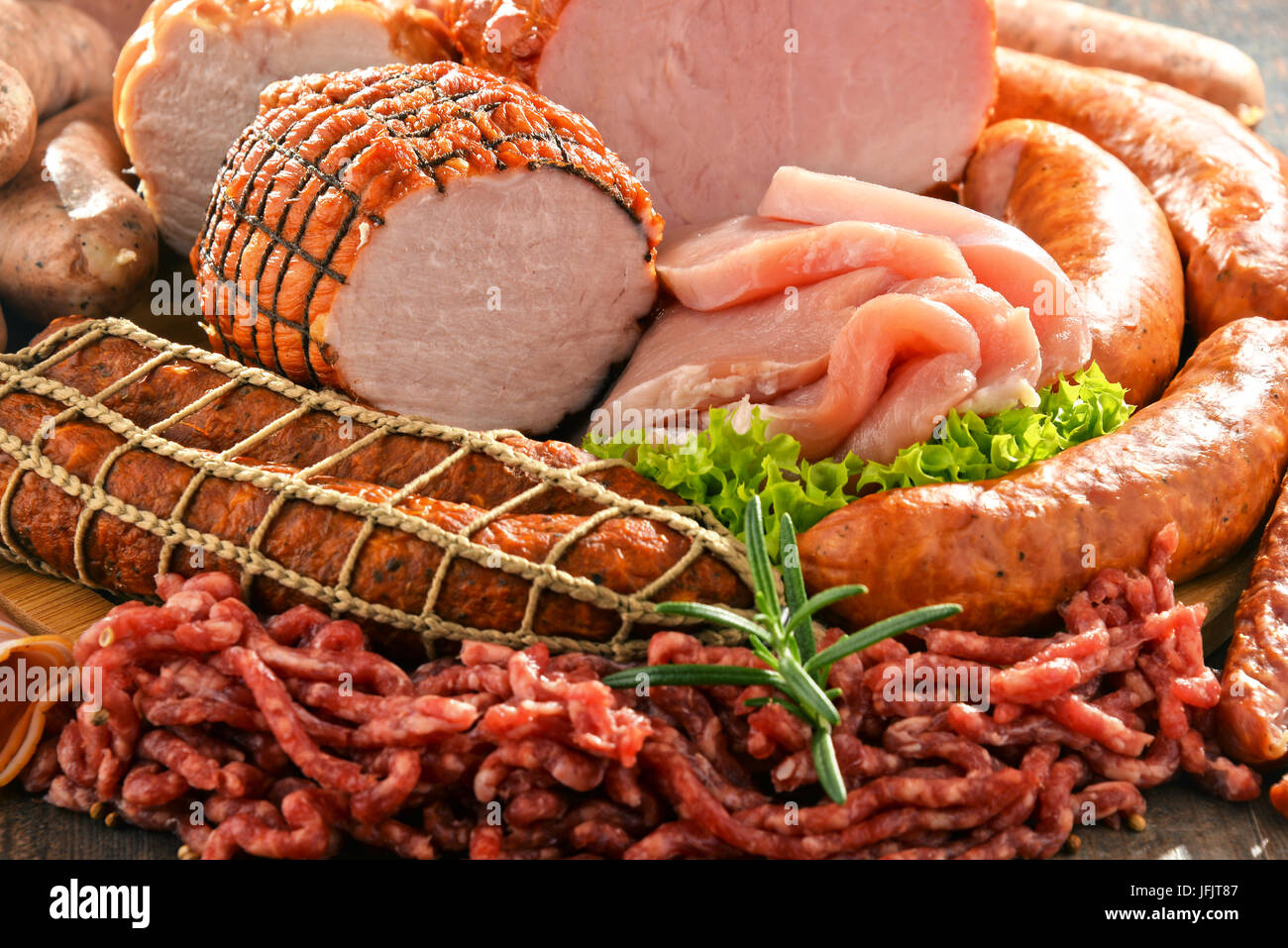 Assorted meat products including ham and sausages Stock Photo - Alamy