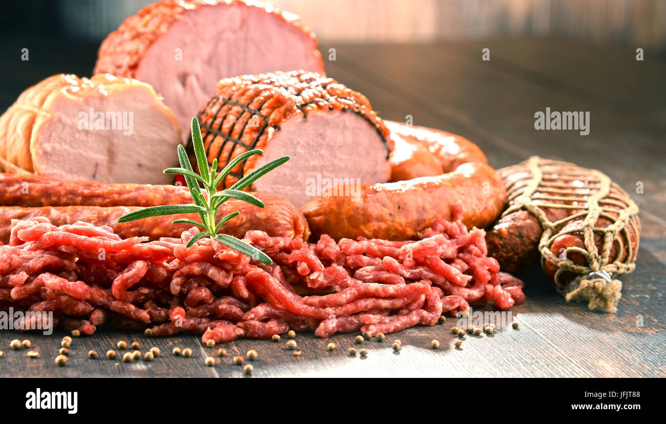 Assorted meat products including ham and sausages Stock Photo - Alamy
