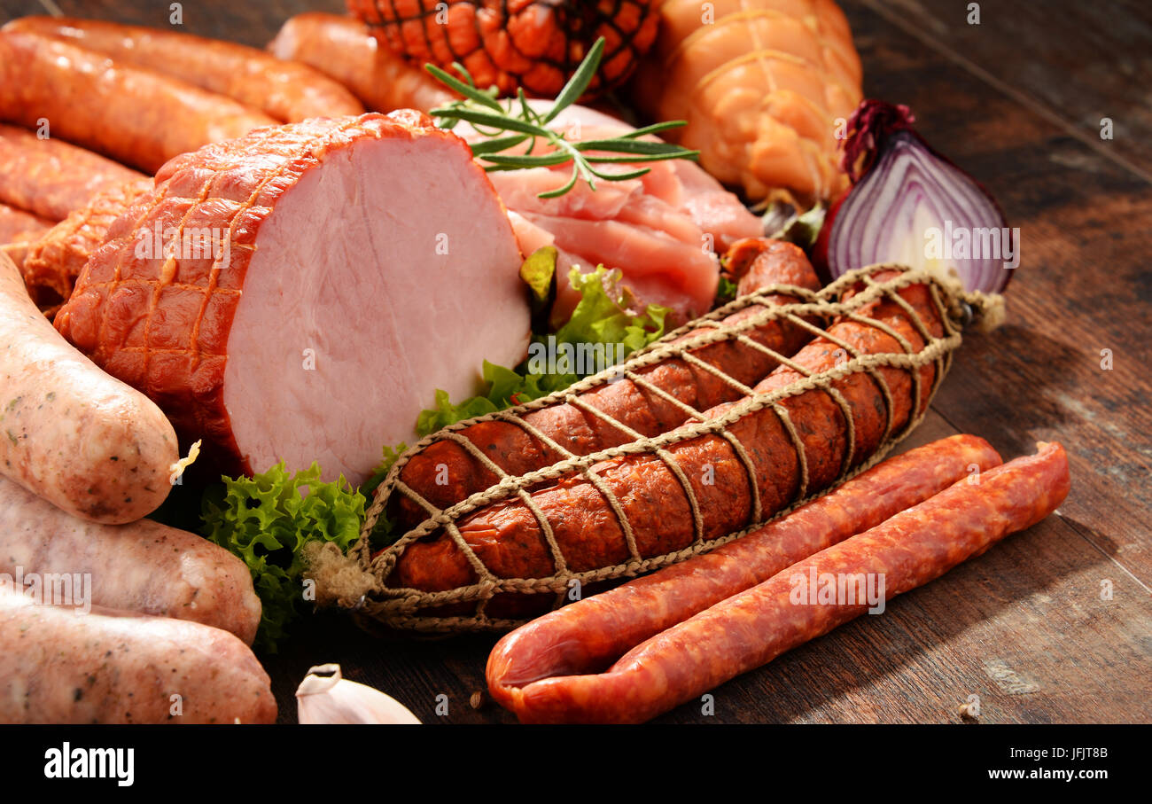 Assorted meat products including ham and sausages Stock Photo - Alamy