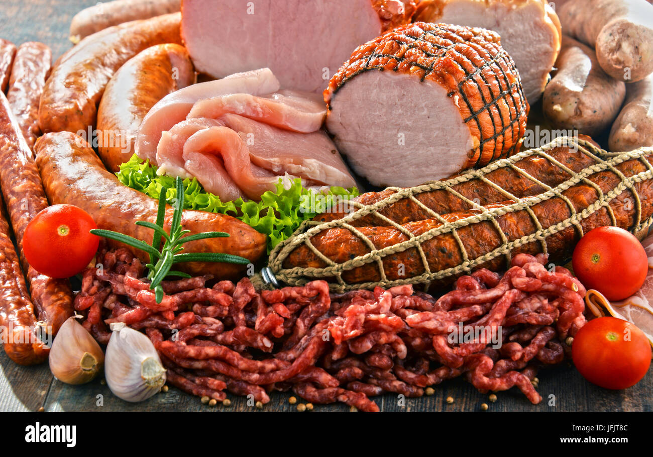 Assorted meat products including ham and sausages Stock Photo - Alamy