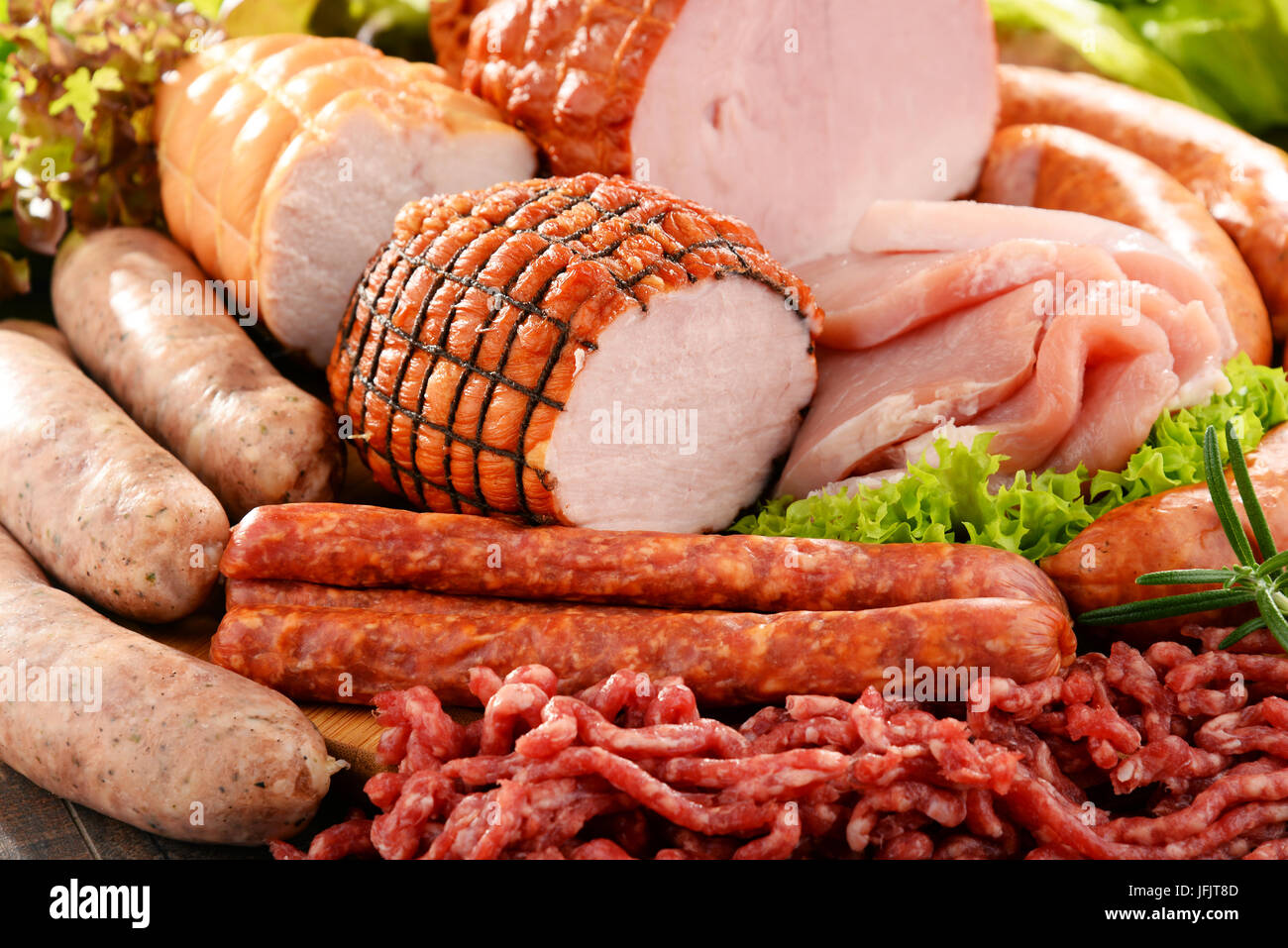 Assorted meat products including ham and sausages Stock Photo - Alamy