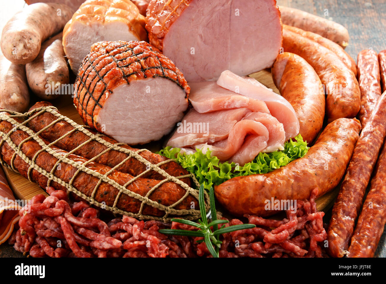 Assorted meat products including ham and sausages Stock Photo - Alamy