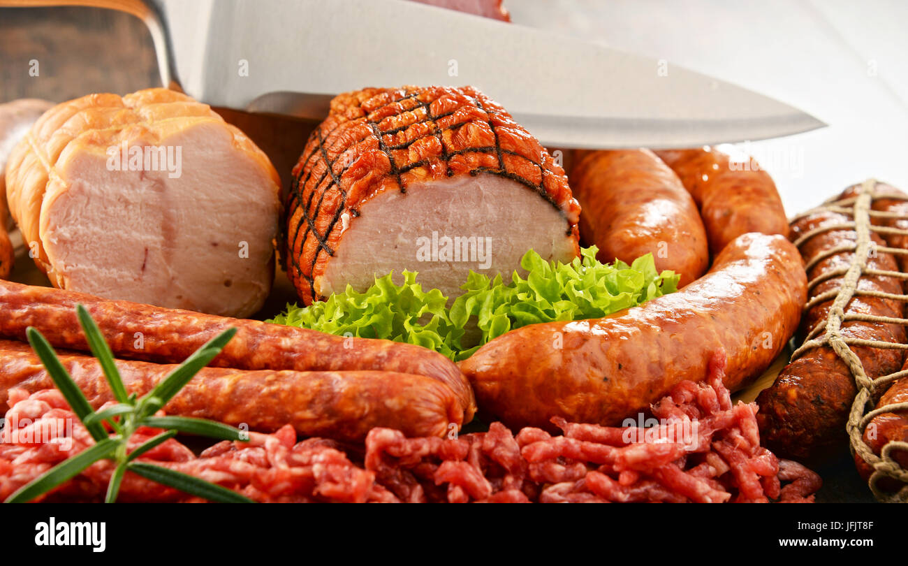Assorted meat products including ham and sausages Stock Photo - Alamy