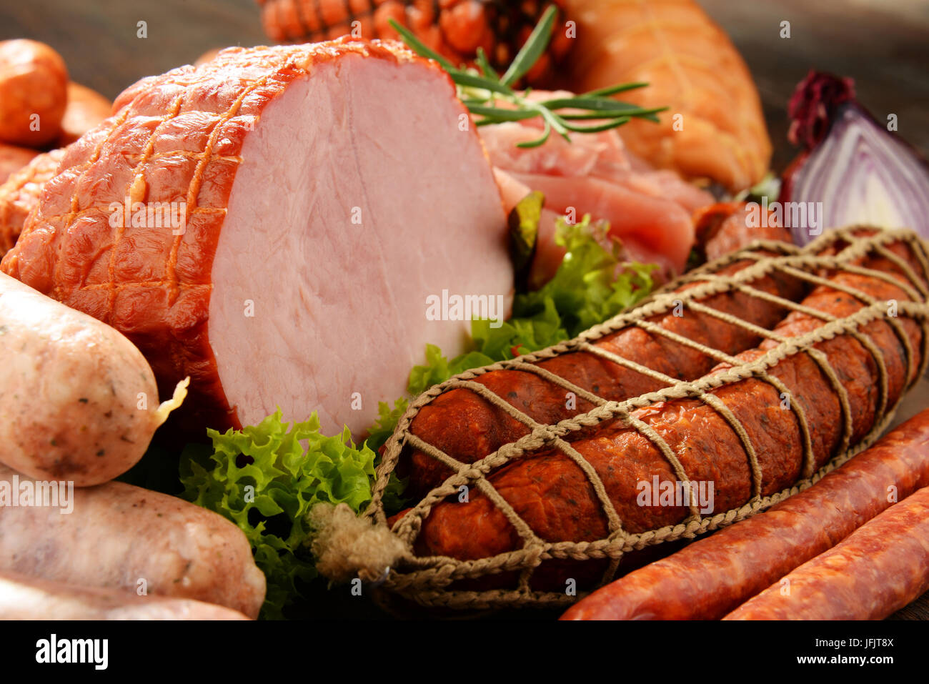 Assorted meat products including ham and sausages Stock Photo - Alamy