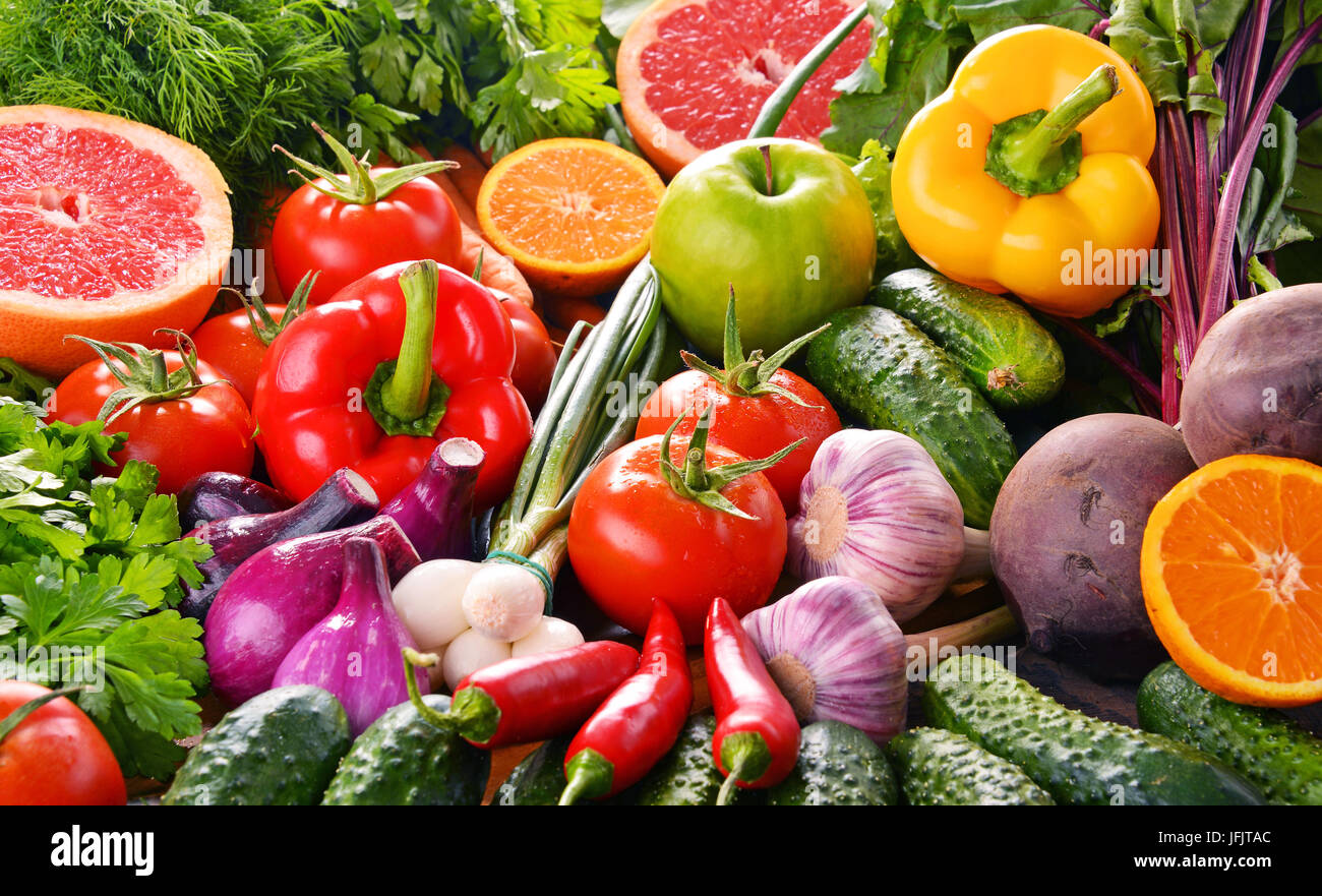 Composition with variety of fresh organic vegetables and fruits Stock ...