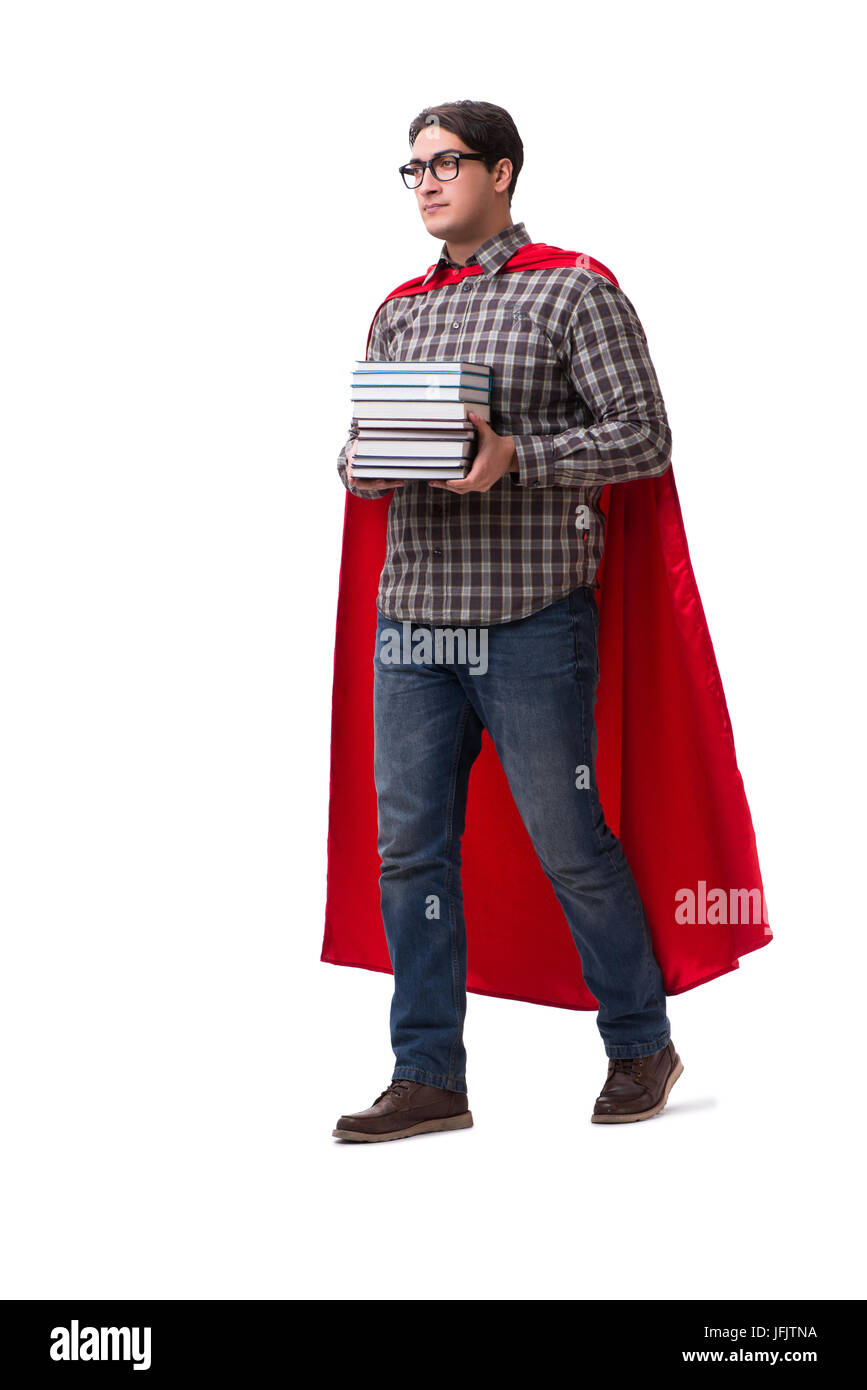 Super hero student with books isolated on white Stock Photo - Alamy