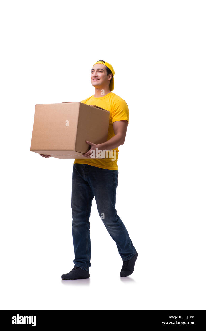 Funny delivery boy with box isolated on white Stock Photo - Alamy