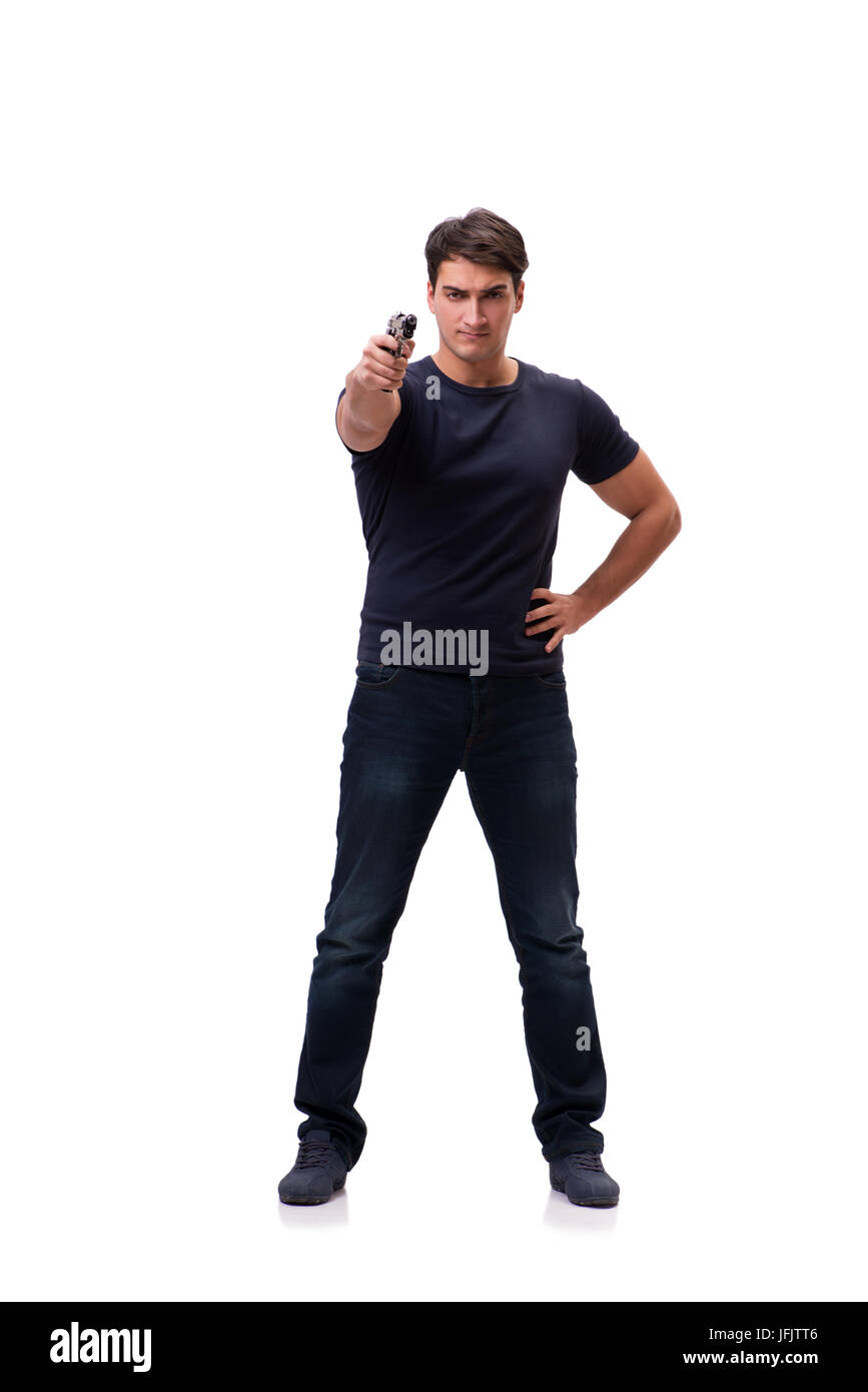 Aggressive young man with gun isolated on white Stock Photo - Alamy