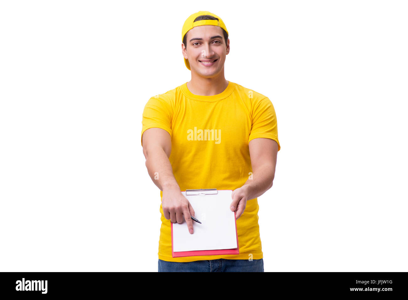 Delivery guy isolated on the white background Stock Photo - Alamy