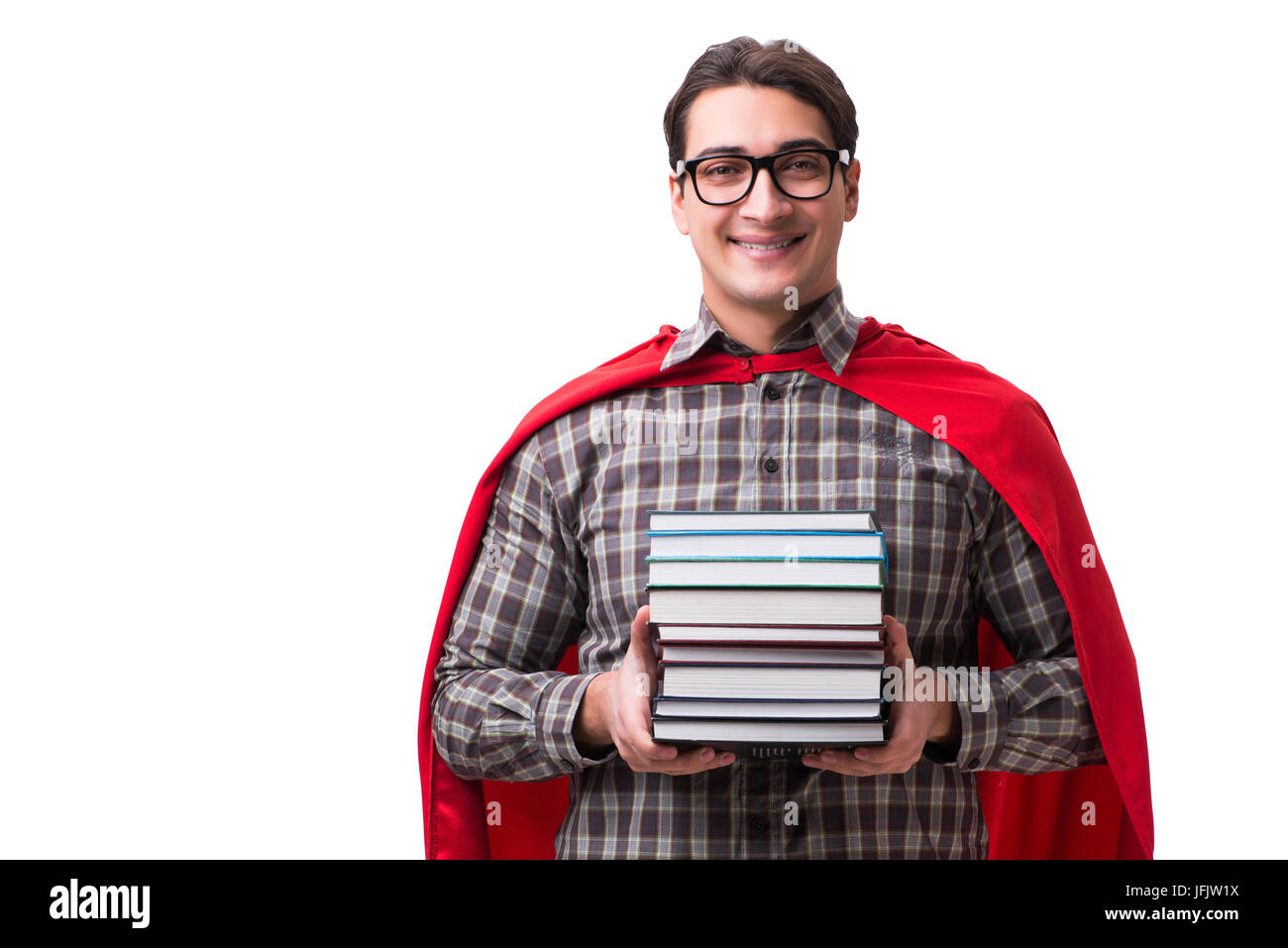 Super hero student with books isolated on white Stock Photo - Alamy