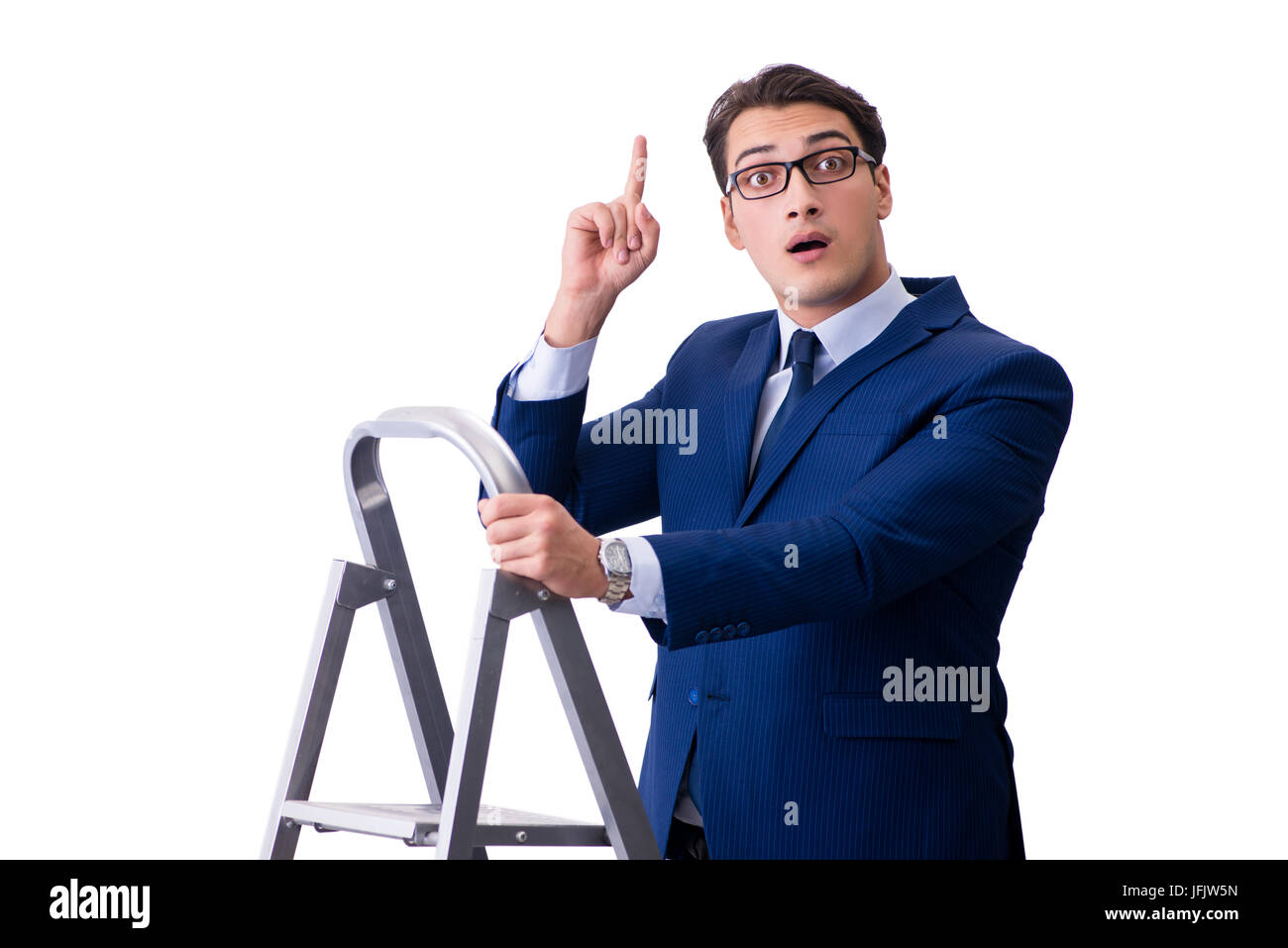 Businessman at top of ladder isolated on white background Stock Photo ...