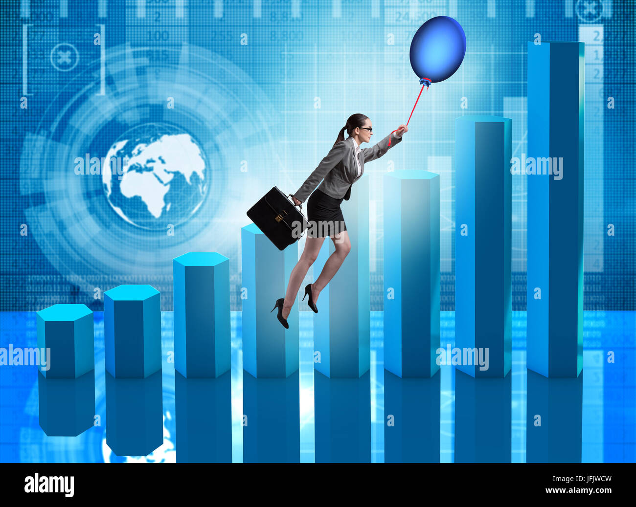 Businesswoman flying on hot balloon over graph Stock Photo - Alamy