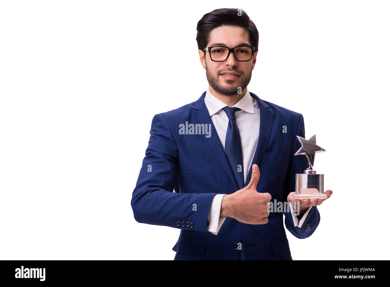Hipster businessman receiving award isolated on white Stock Photo - Alamy