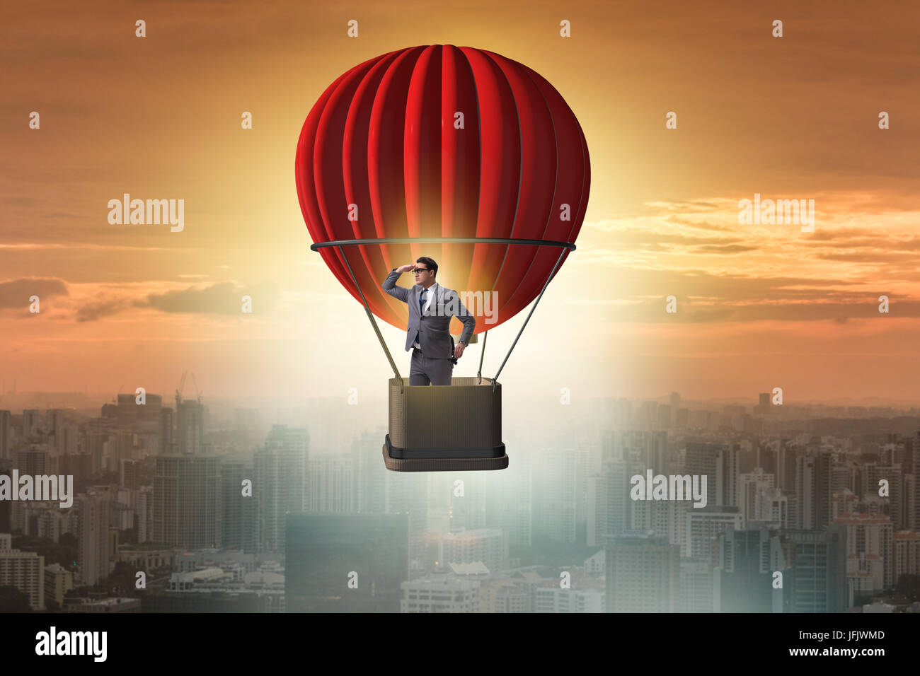 Businessman flying on balloon in challenge concept Stock Photo - Alamy