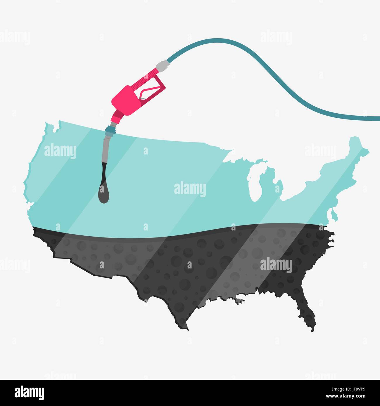 Map of USA being fueled by oil. Gas pump fueled map. On the map there ...